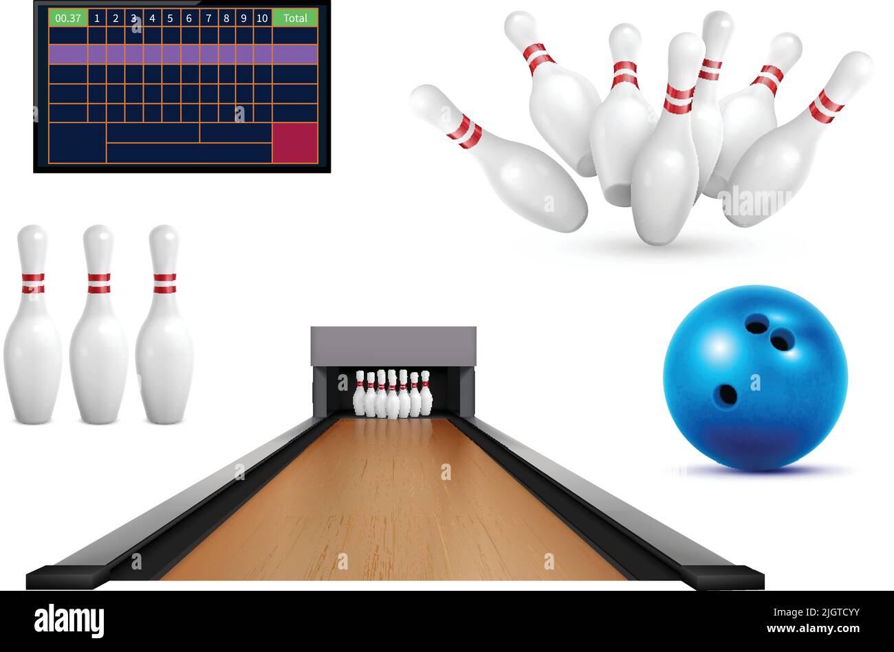 Set of realistic bowling icons with images of pins ball and leaderboard ...