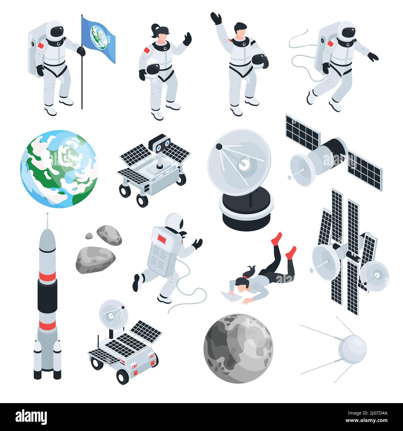 Space isometric set of scientific equipment and astronauts in ...