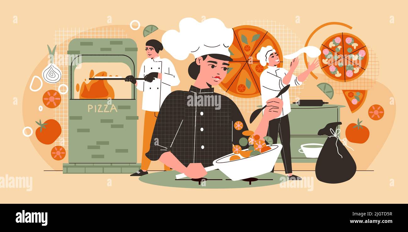 Professional cooking horizontal background with staff characters ...