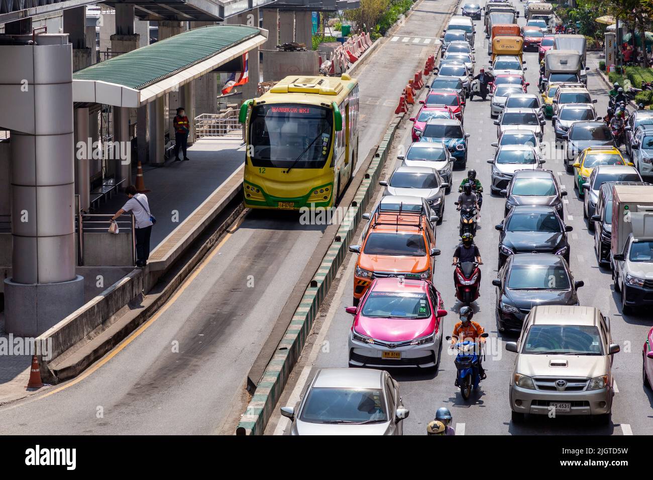Bus Rapid Transit lane and traffic jam, Sathorn, Bangkok, Thailand ...