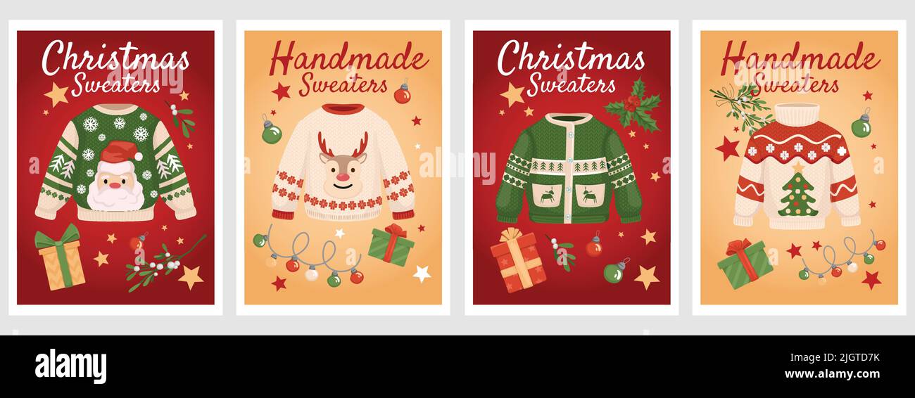 Handmade christmas sweaters poster set with four vertical compositions ...