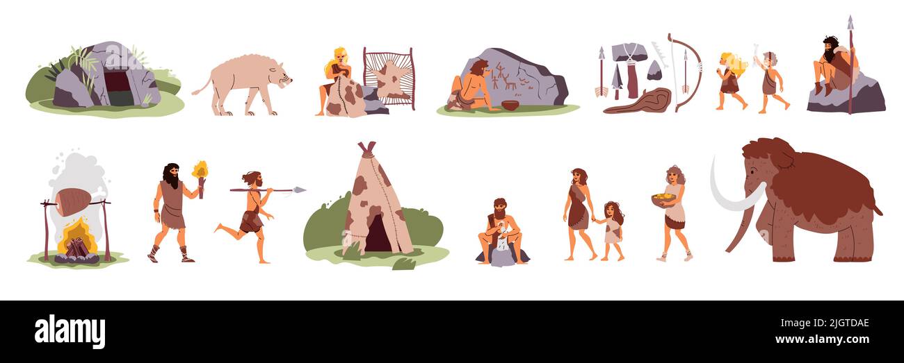 Primitive people set with isolated icons of ancient folks life with ...