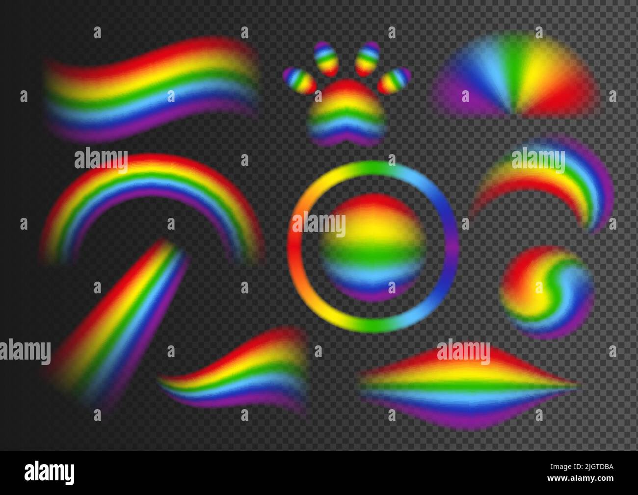 Rainbow realistic set with multicolored abstract elements in wavy round ...