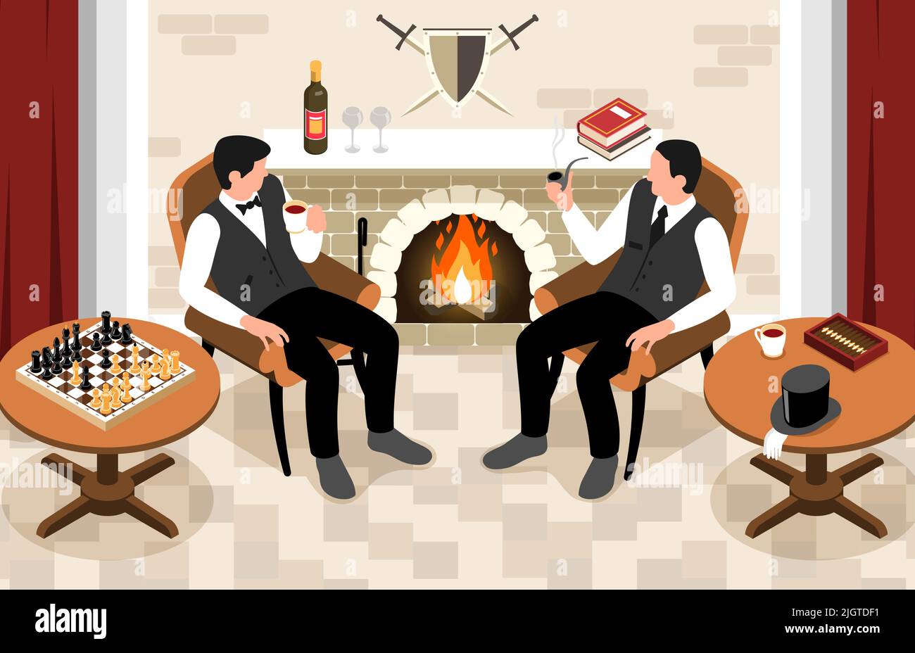 Isometric gentleman club composition with two men sitting at fireplace ...