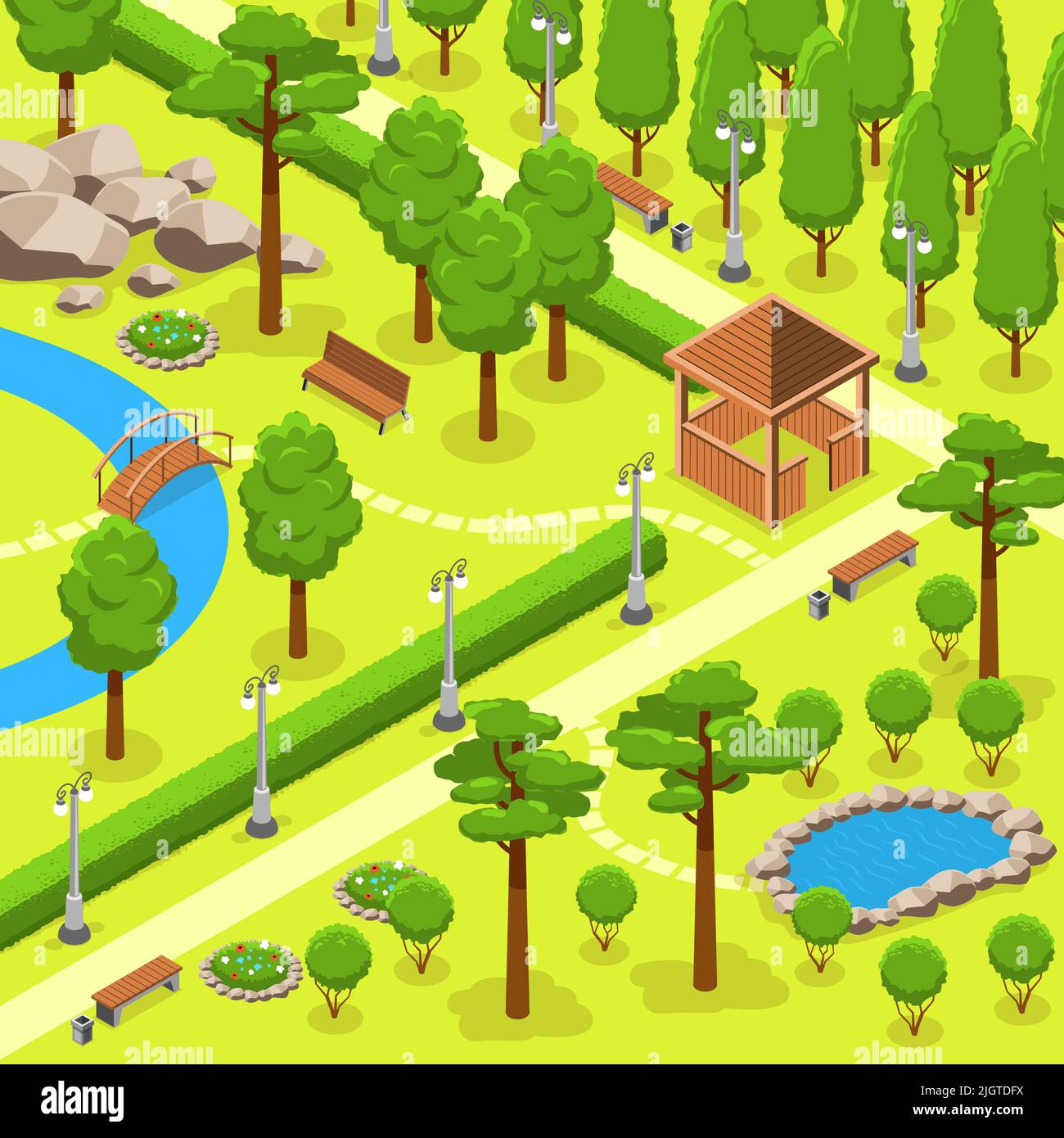 Isometric park landscape composition green woods and green lawn in ...
