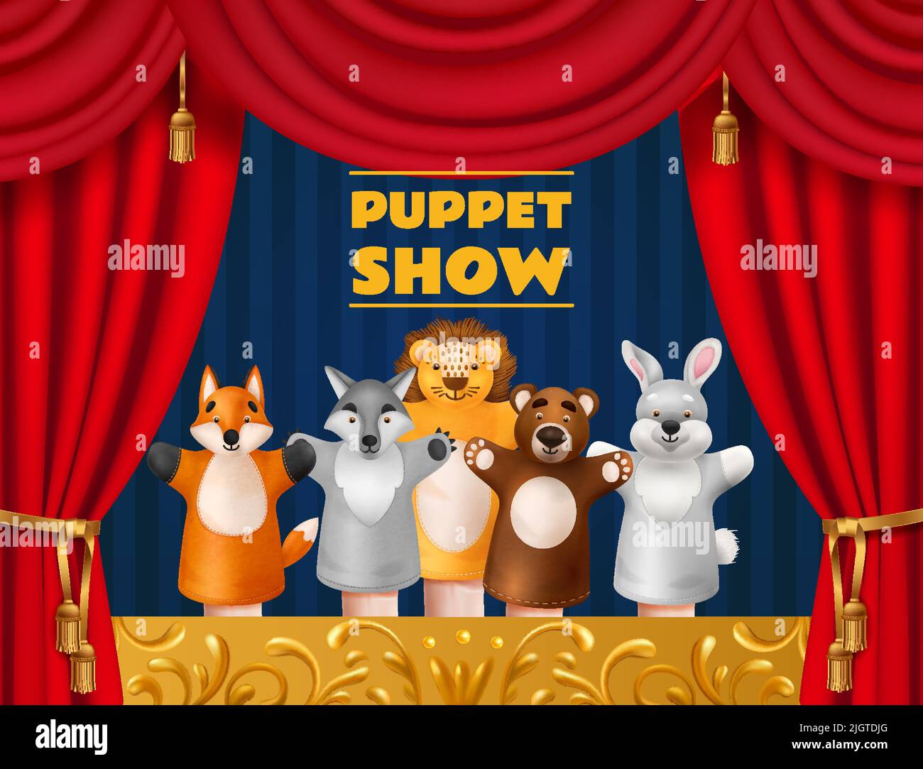 Children puppet show on theater stage with red curtains and animal toys ...