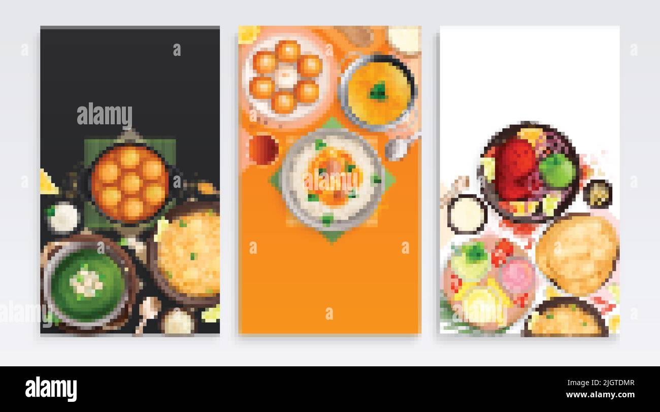 Indian cuisine set of flat cards with three isolated compositions of ...