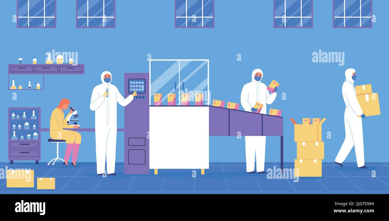 Pharmaceutical production flat background with scientist conducting ...