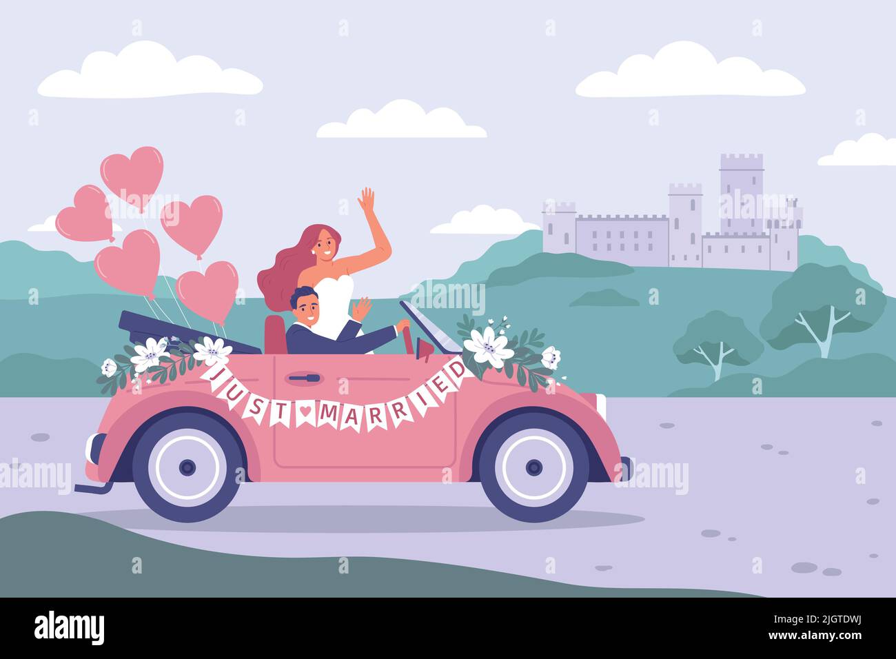 Wedding ceremony car composition with outdoor scenery and newly wedded ...