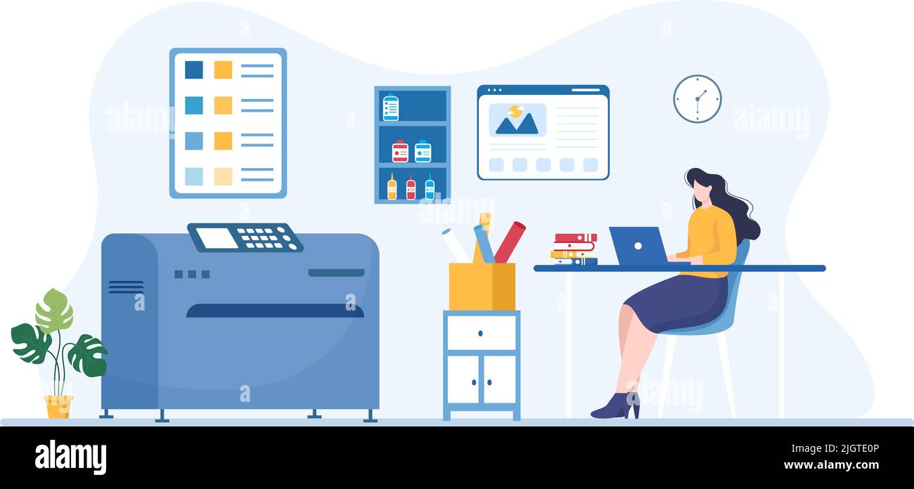 Print Shop Illustration with Production Process at Printing House and ...