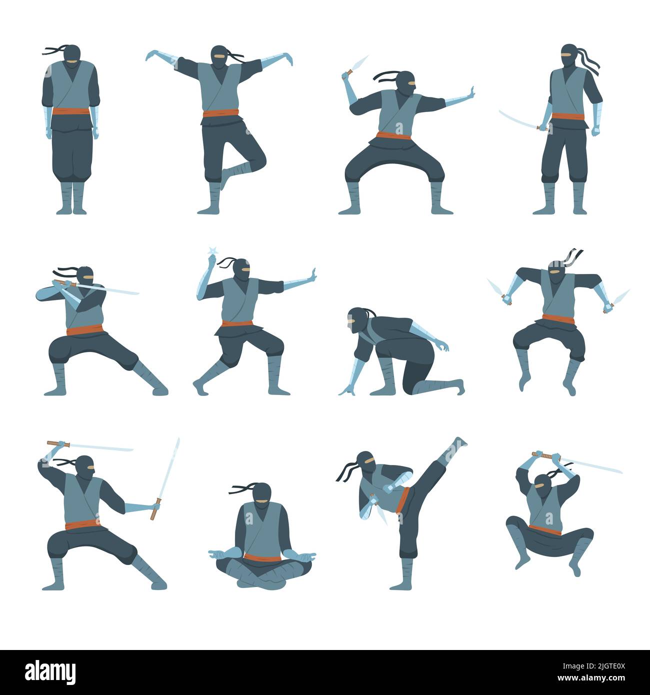 Ninja flat set with male human characters of warriors with weapons in ...