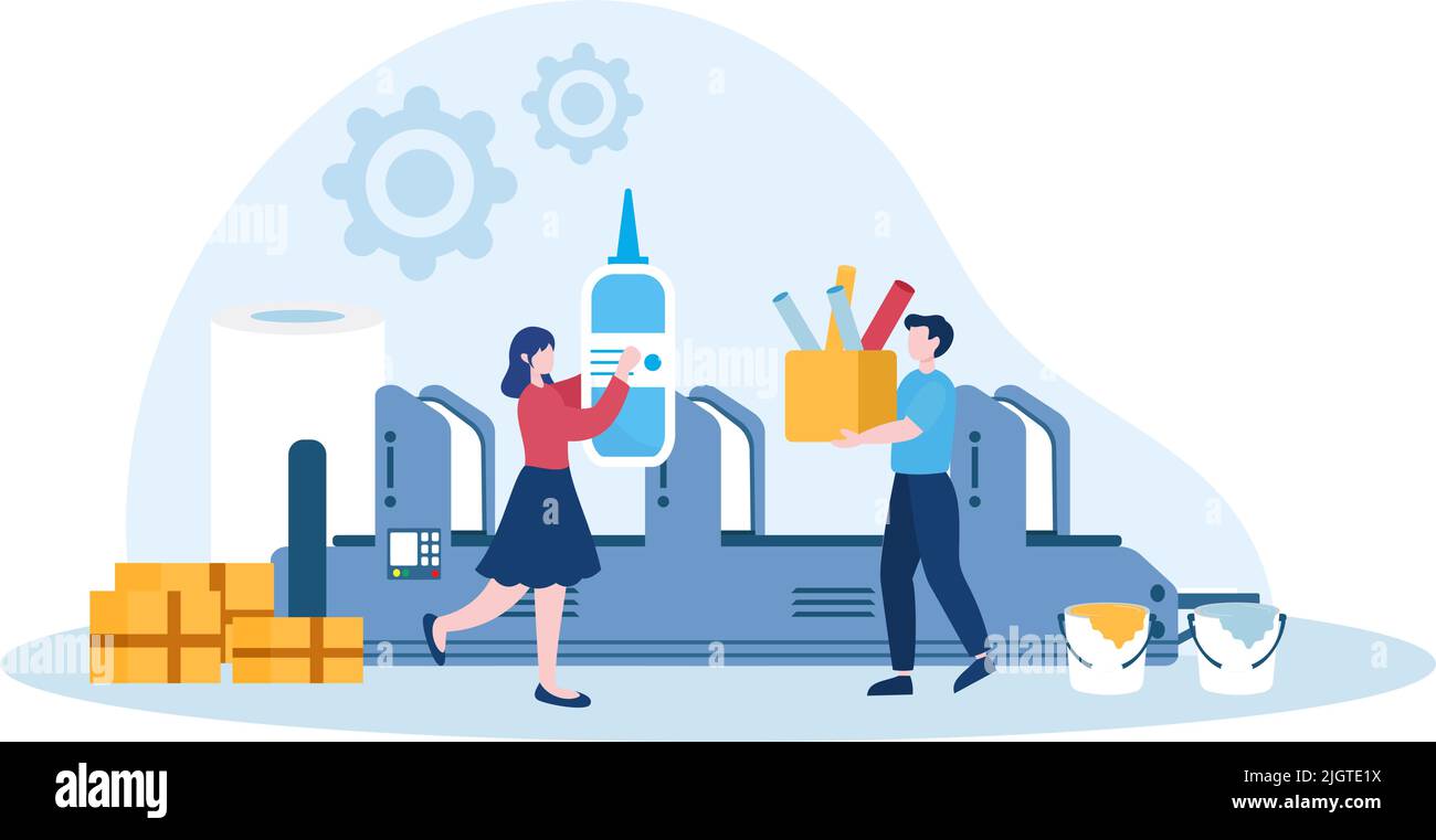 Print Shop Illustration with Production Process at Printing House and ...