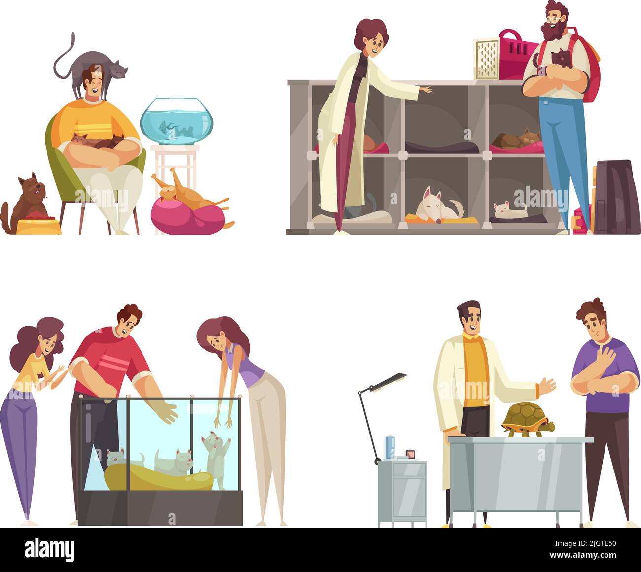 Pet sitter set of four isolated compositions with doodle characters of ...