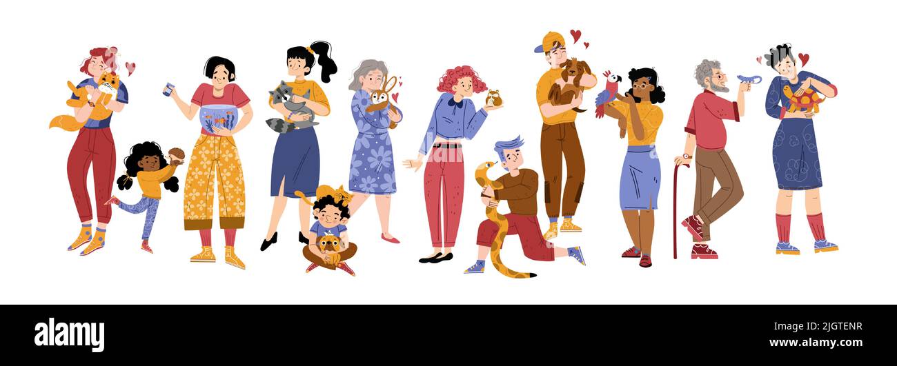 People with pets, male and female characters spend time with their home ...