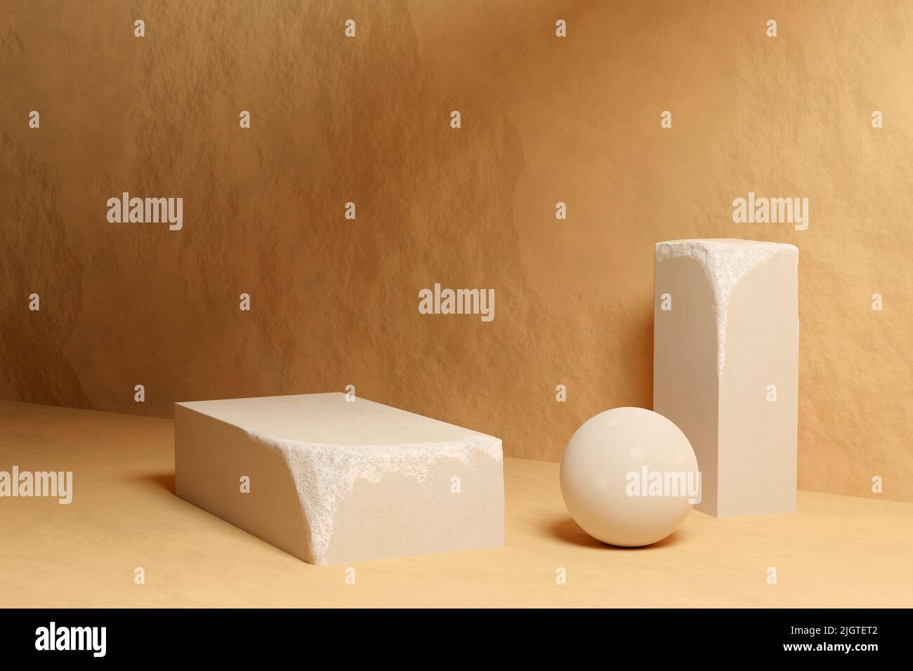 Beige stone podium. White sandstone blocks and sphere on natural beige ...