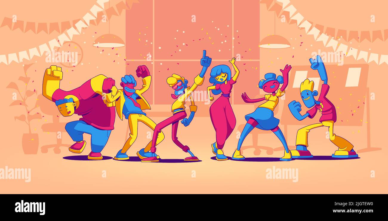 People dance and have fun on office party. Vector illustration in ...