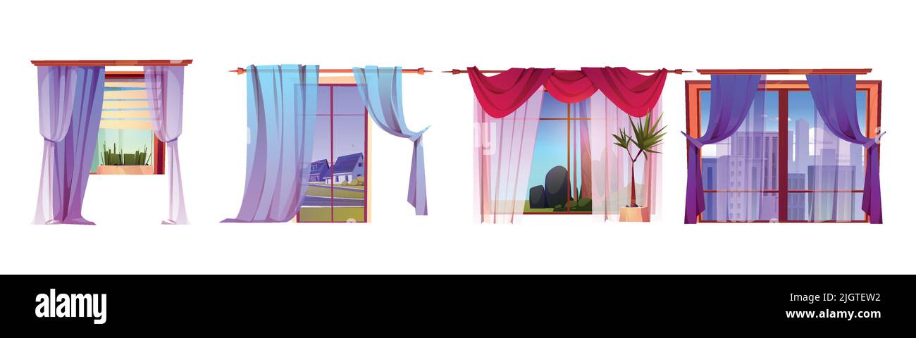 Windows with curtains and different views outside. Vector cartoon set ...