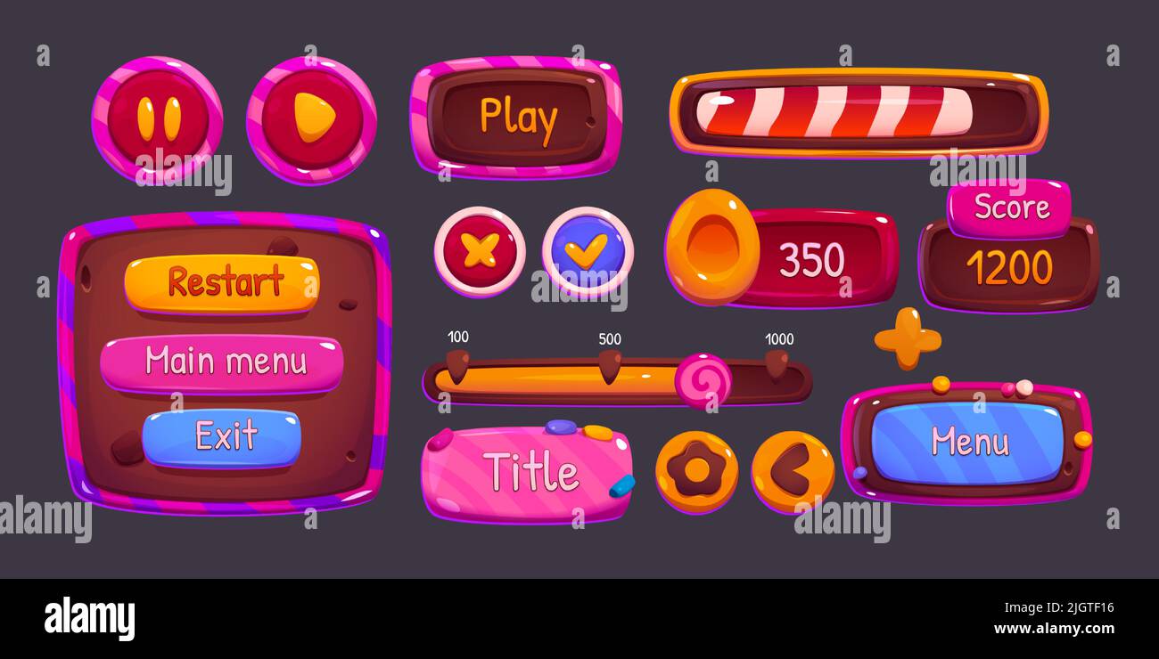Candy game menu interface windows, cartoon options, settings, plates ...