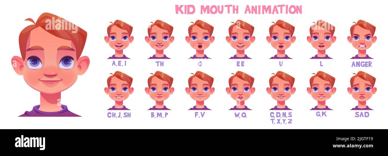 Kid mouth animation with different facial expressions. Little caucasian ...