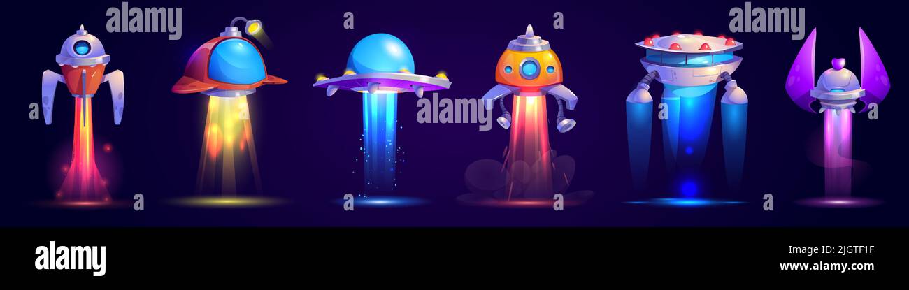 Alien spaceship game icons vector set. Funny flying rockets, ufo ...