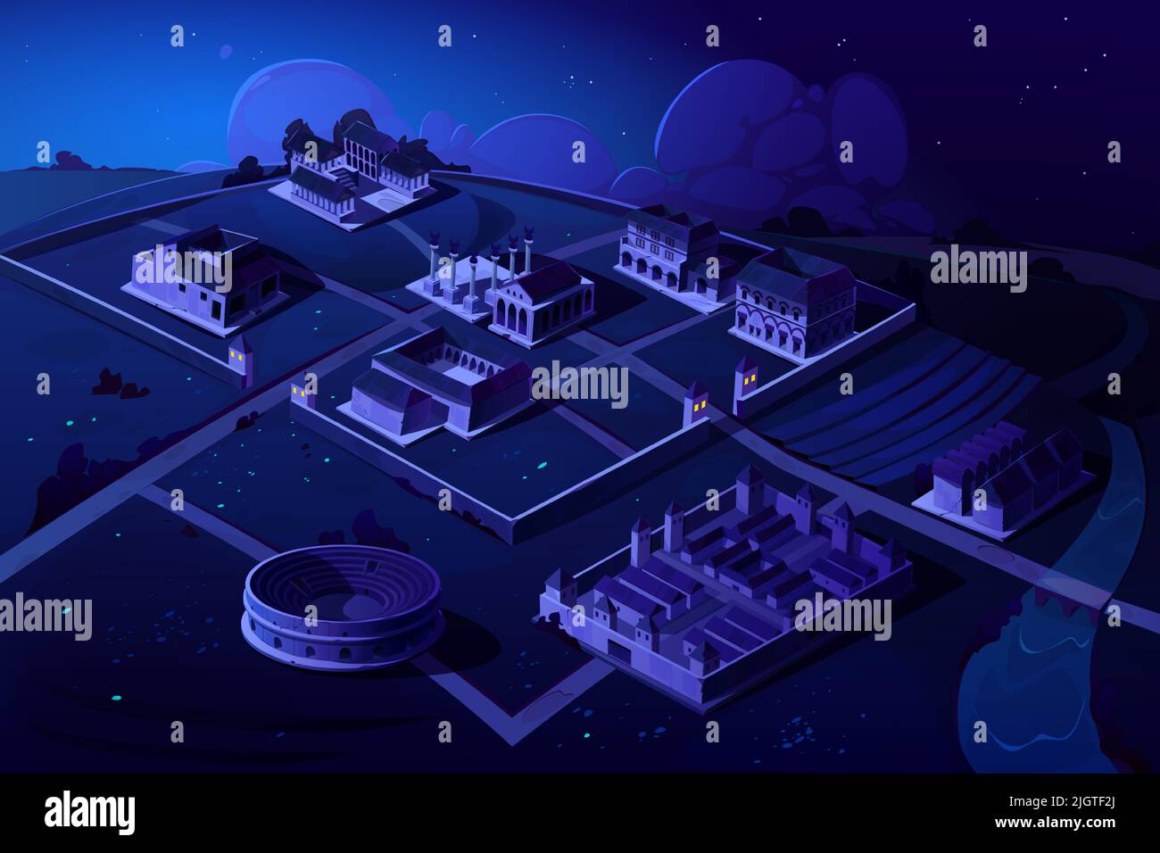 Rome isometric landscape with antique building vector night cartoon ...