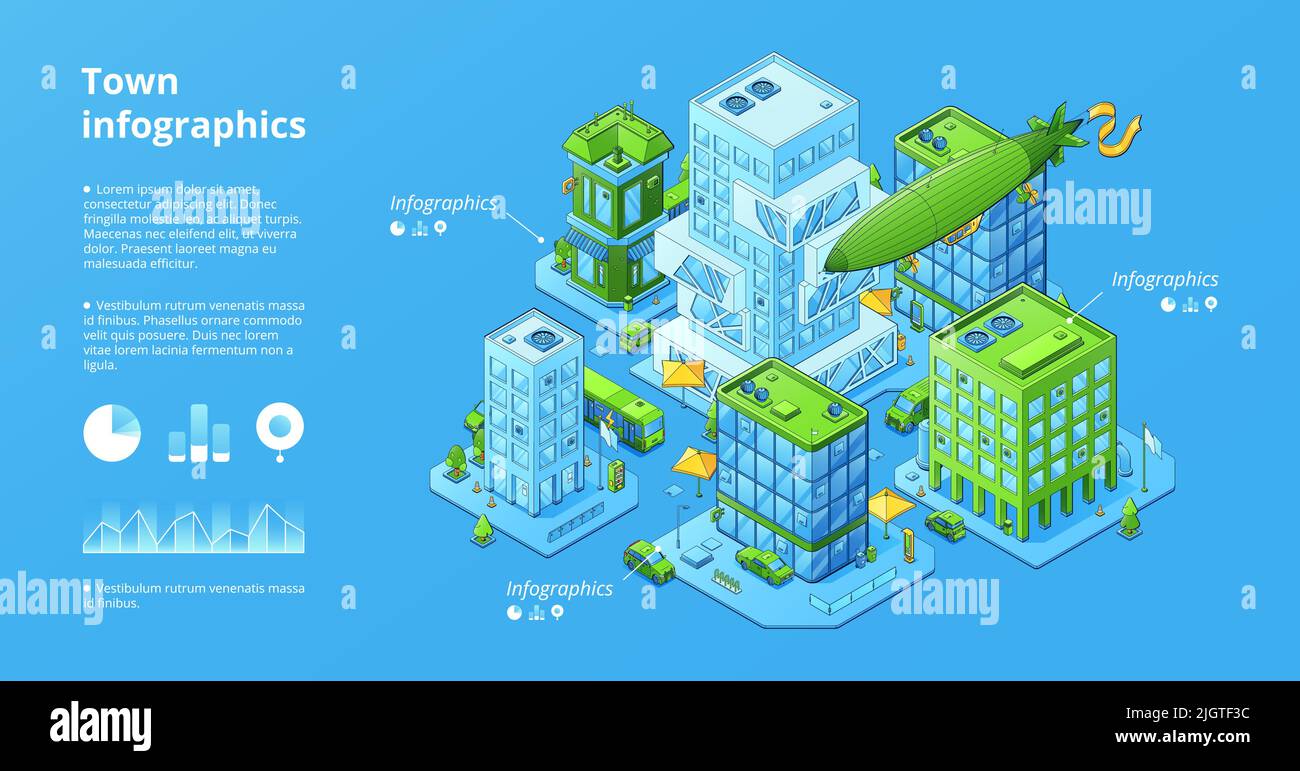 Town infographics poster with isometric modern city and charts. Vector ...