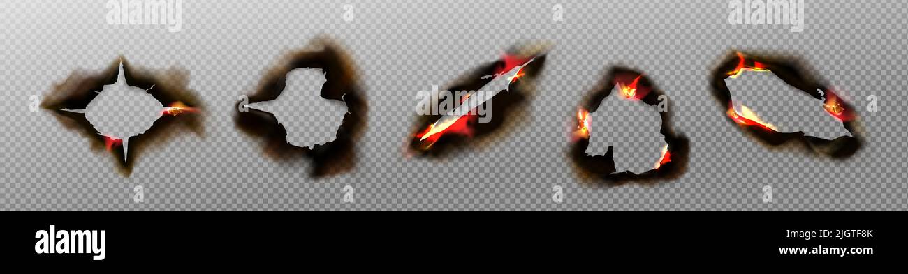 Burn paper holes and borders, burnt page with smoldering fire on ...