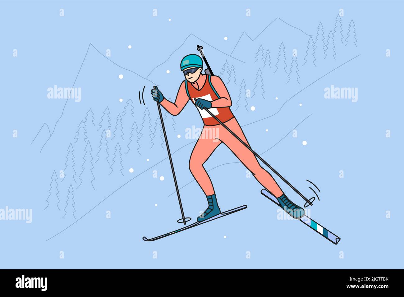 Man athlete in outerwear take part in biathlon competition in winter ...