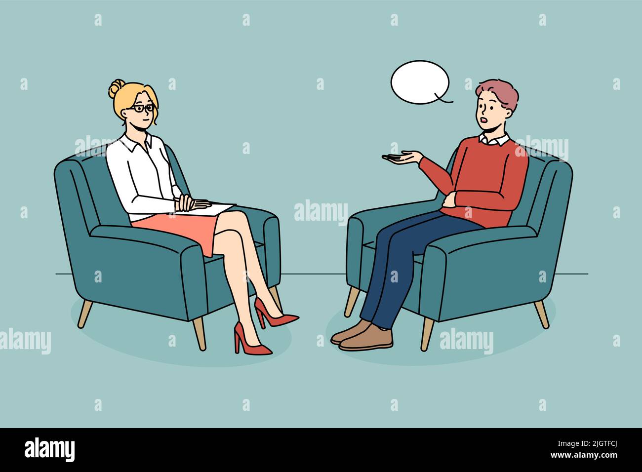 Man Talking With Female Psychologist On Session Male Patient Sit In