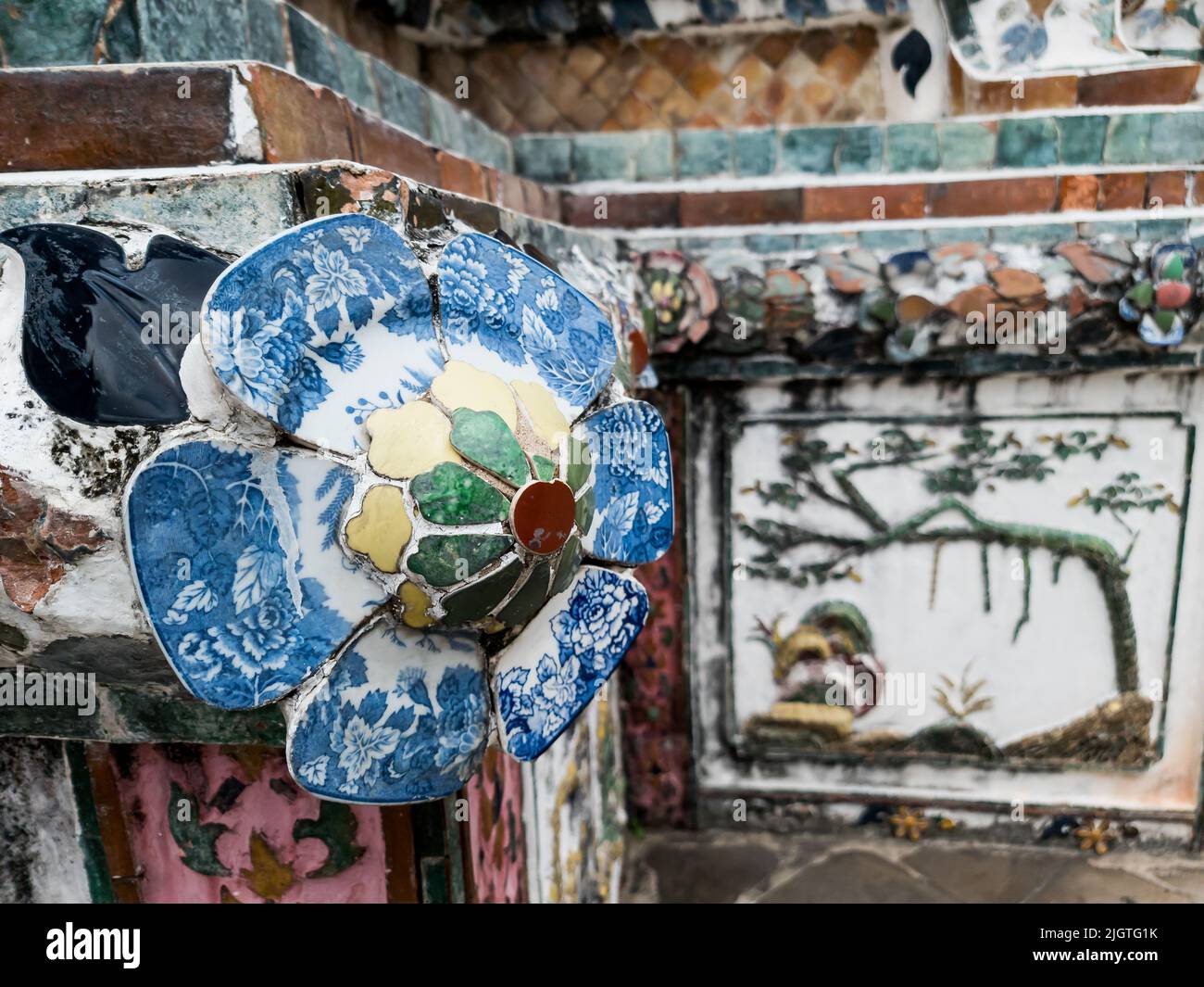Ceramic tiles and stoneware detail decorated on temple at Wat Arun ...