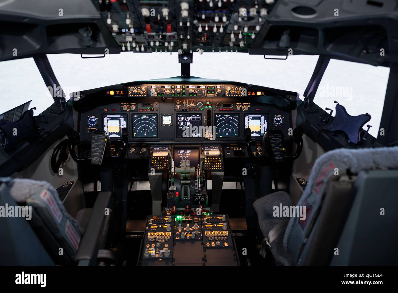 Empty airplane cockpit with electronic flying navigation panel, control ...