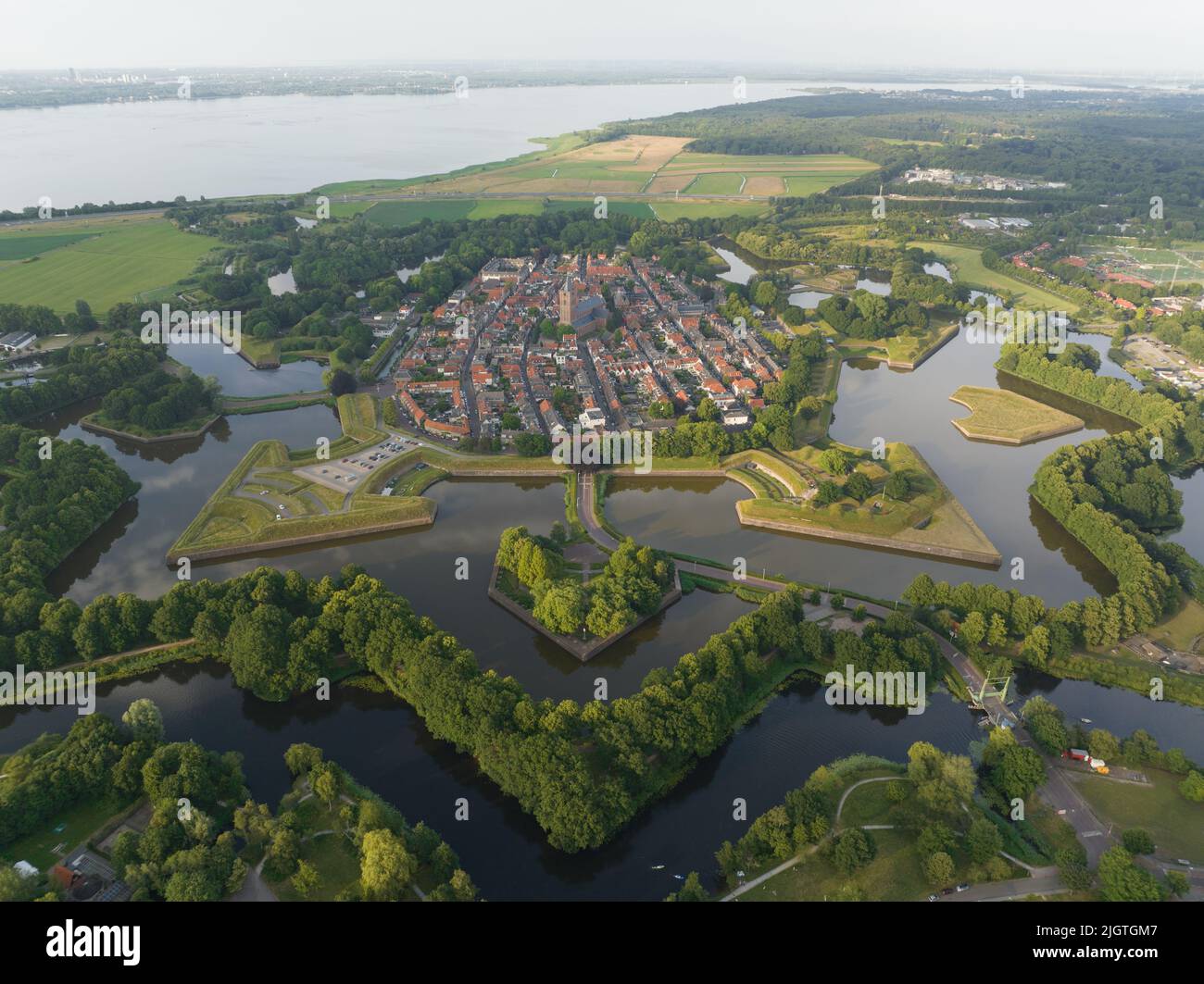 Fortified ancient old historic town of Naarden Vesting overhead aerial ...