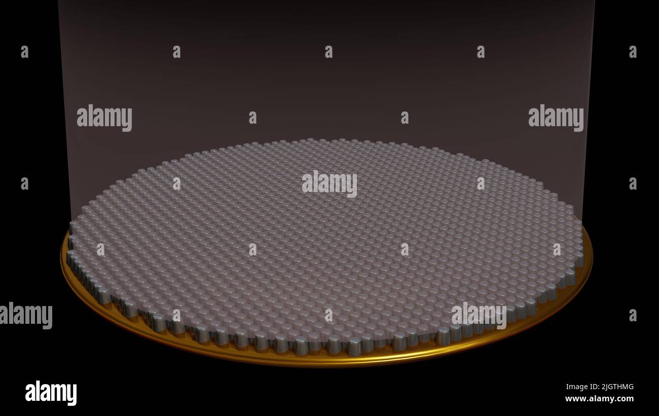 Meta-lens. Array of small lenses mounted on disk wafer. 3d render ...