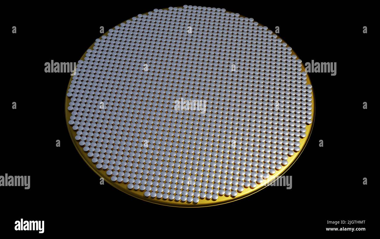 Meta-lens. Array of small lenses mounted on disk wafer. 3d render ...