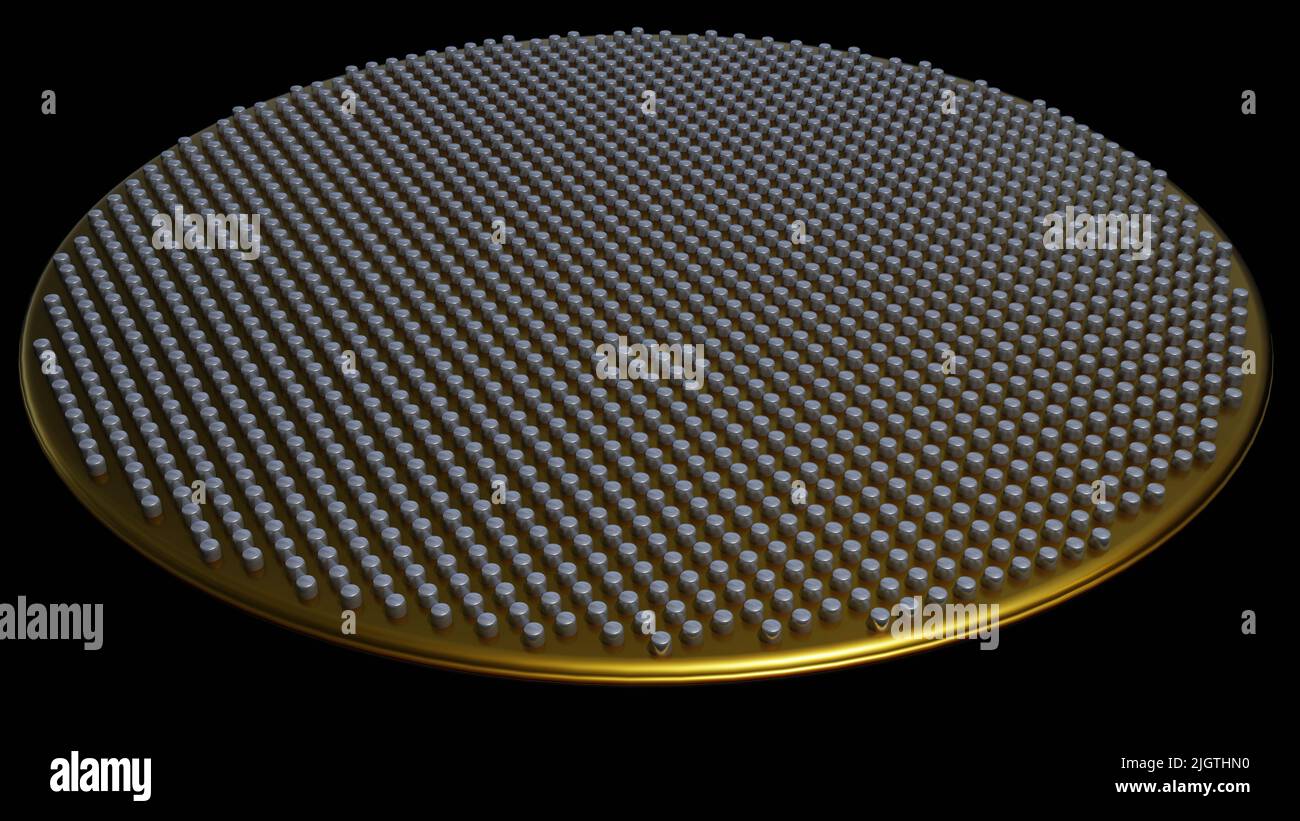 Meta-lens. Array of small lenses mounted on disk wafer. 3d render ...