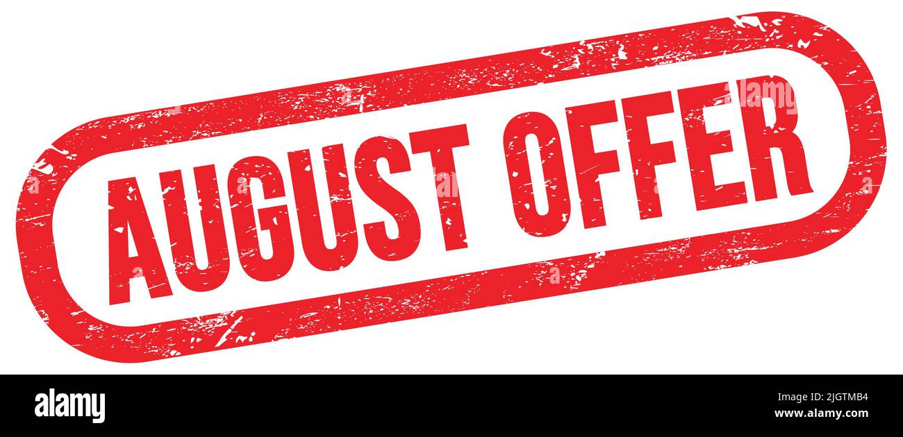 AUGUST OFFER, text on red rectangle stamp sign Stock Photo - Alamy