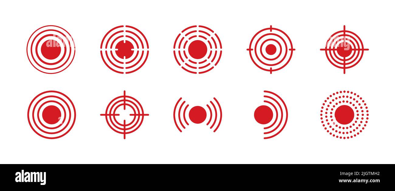 Pain point icons set. Pain red circles mark. Target spot symbols for ...