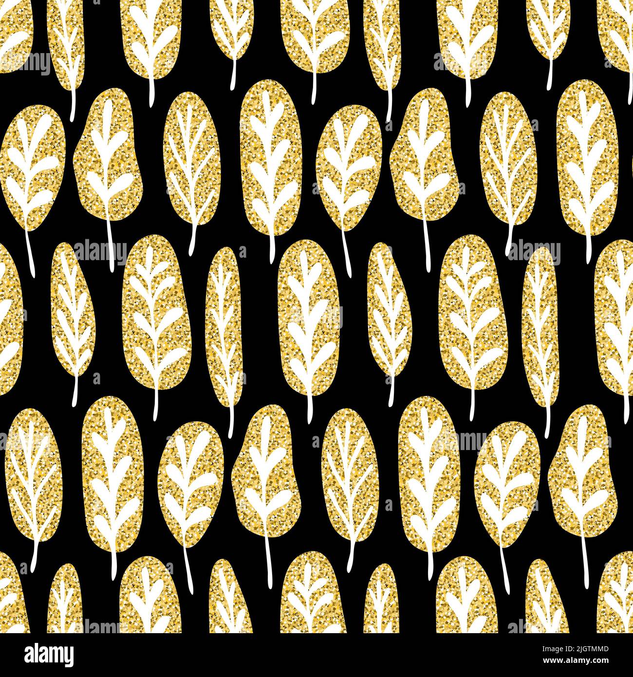 Organic deciduous tree leaf plant seamless pattern gold glitter ...