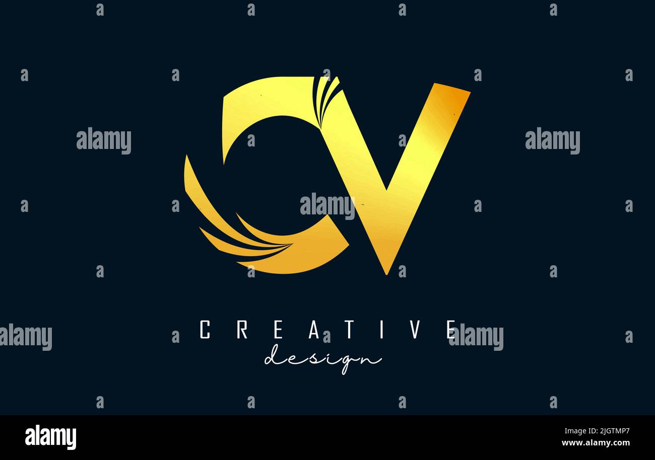 Creative golden letter CV c v logo with leading lines and road concept ...