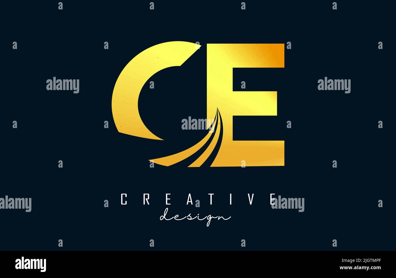 Creative golden letter CE c e logo with leading lines and road concept ...