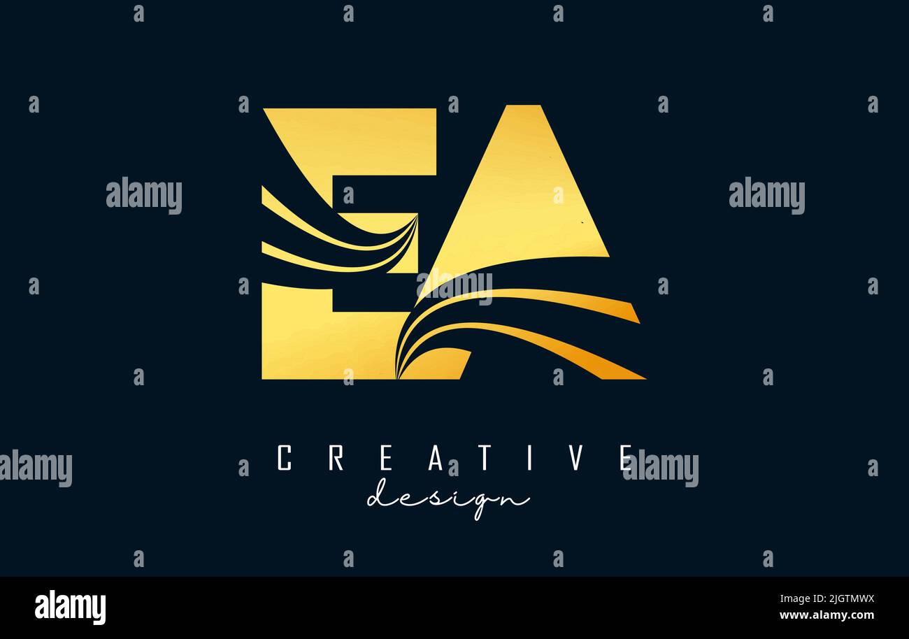 Creative golden letter EA e a logo with leading lines and road concept ...