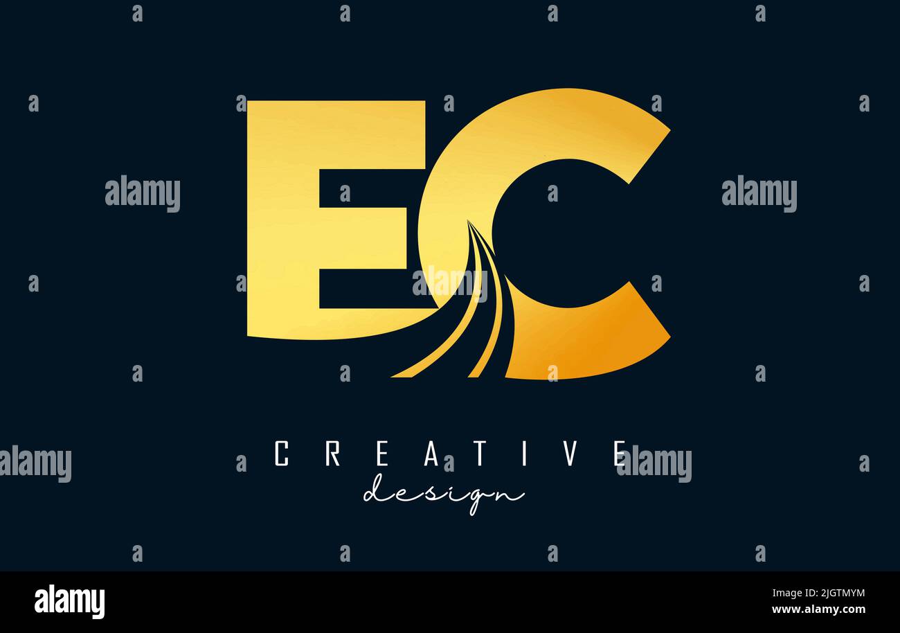 Creative golden letter EC e c logo with leading lines and road concept ...