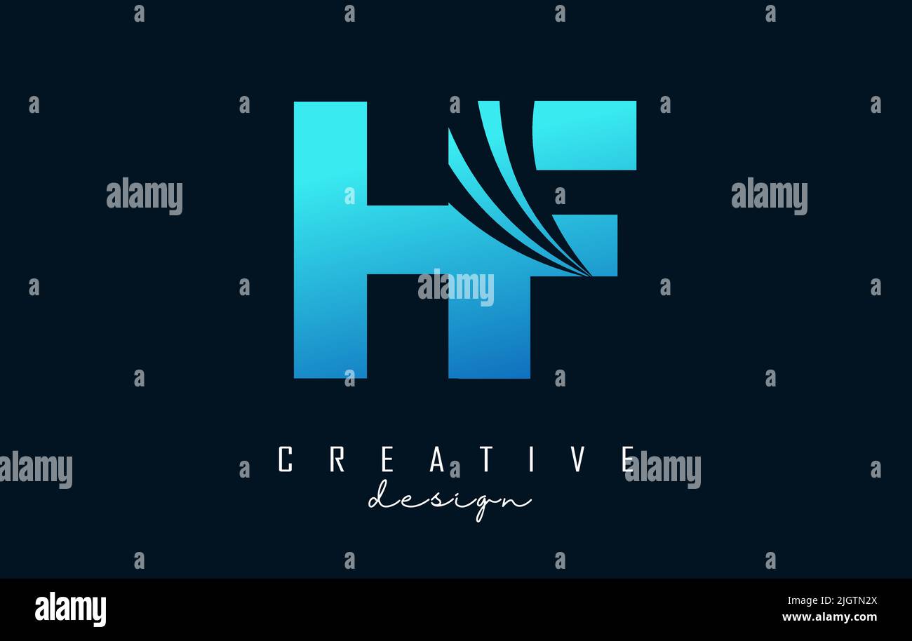 Creative blue letter HF h f logo with leading lines and road concept ...
