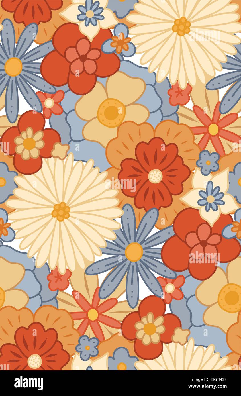 Seamless retro pattern with dense groovy flowers. Vector hippie texture ...
