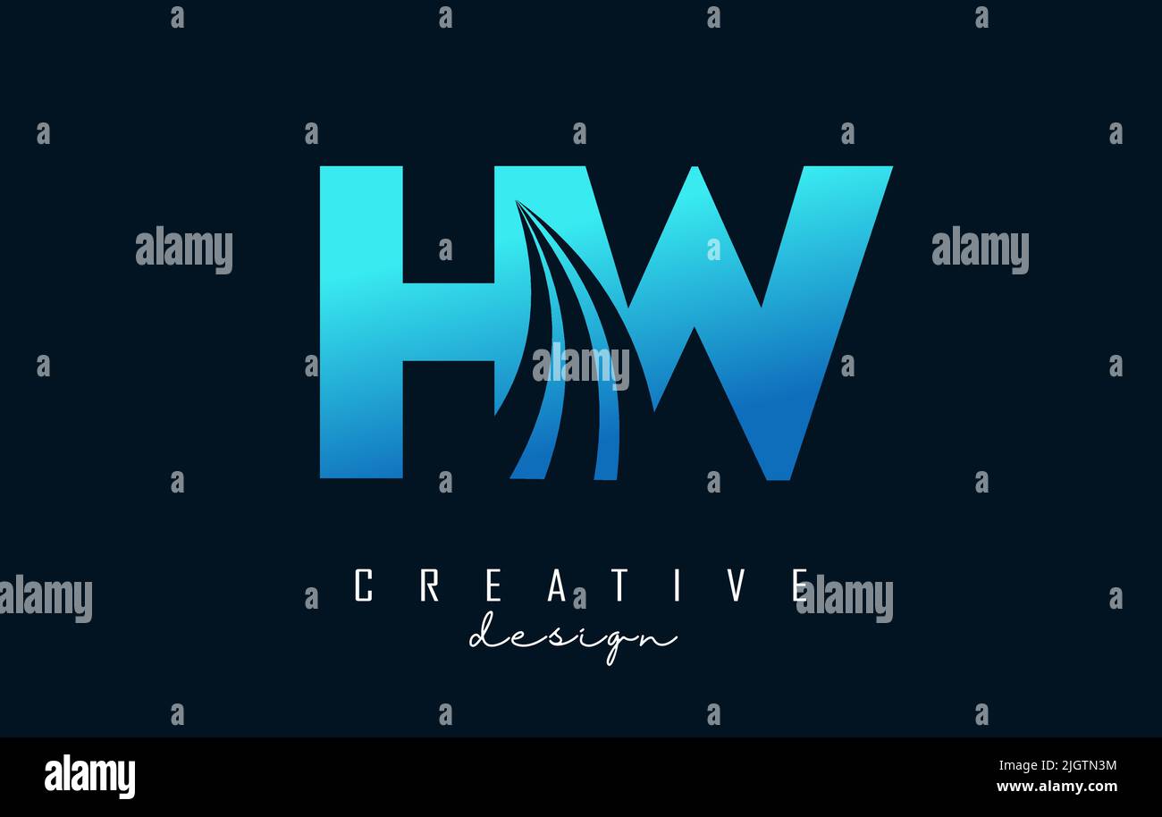 Creative blue letter HW h w logo with leading lines and road concept ...