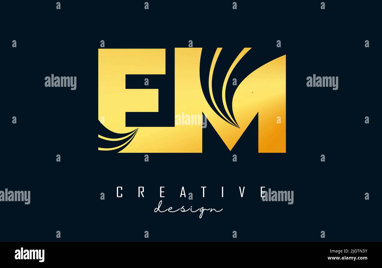 Creative golden letter EM e m logo with leading lines and road concept ...
