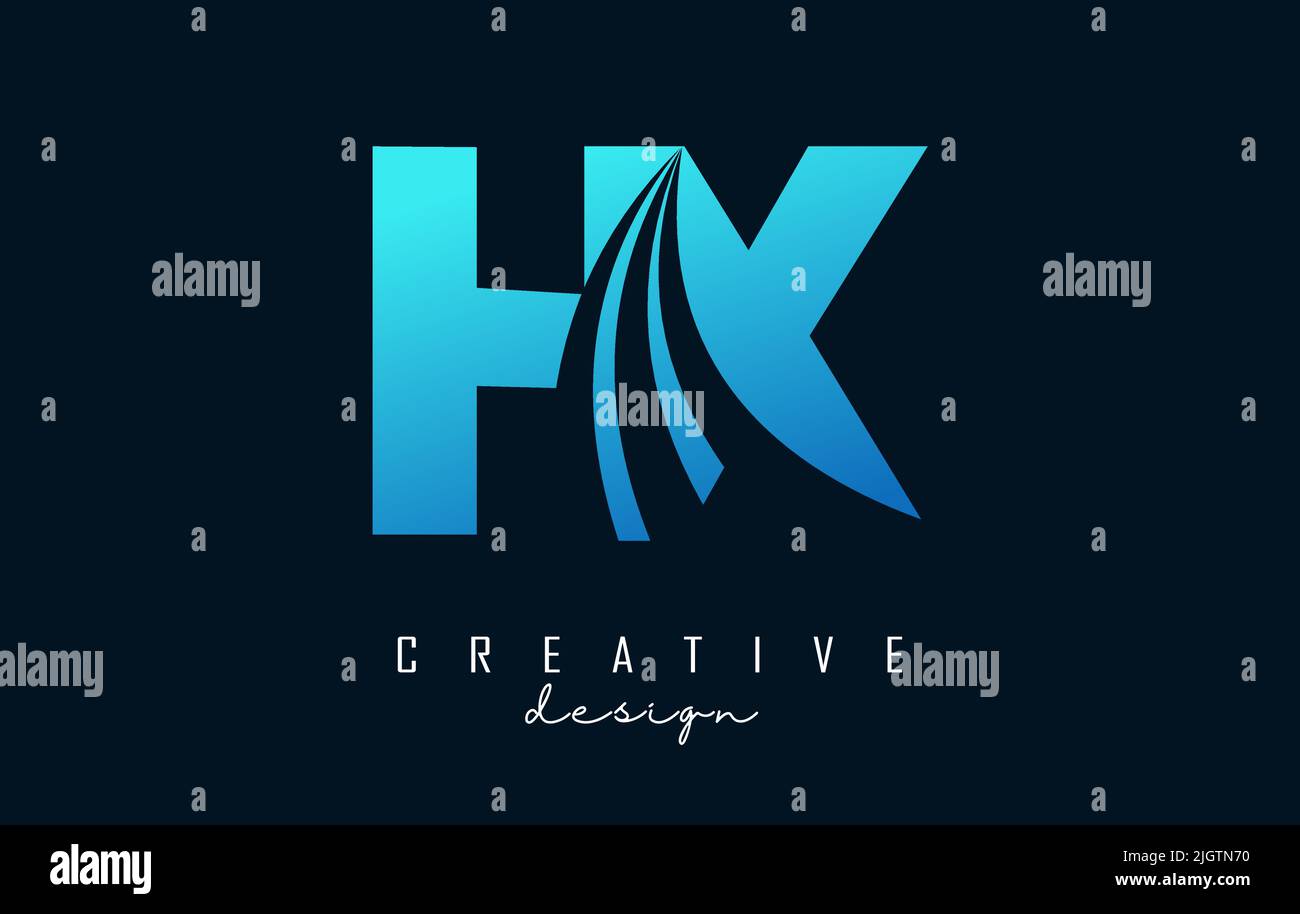 Creative blue letter HX h x logo with leading lines and road concept ...