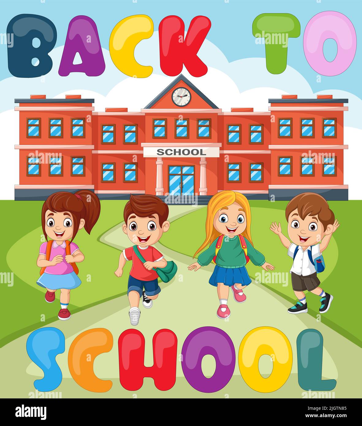 Back to school. Happy school children in front school building Stock ...