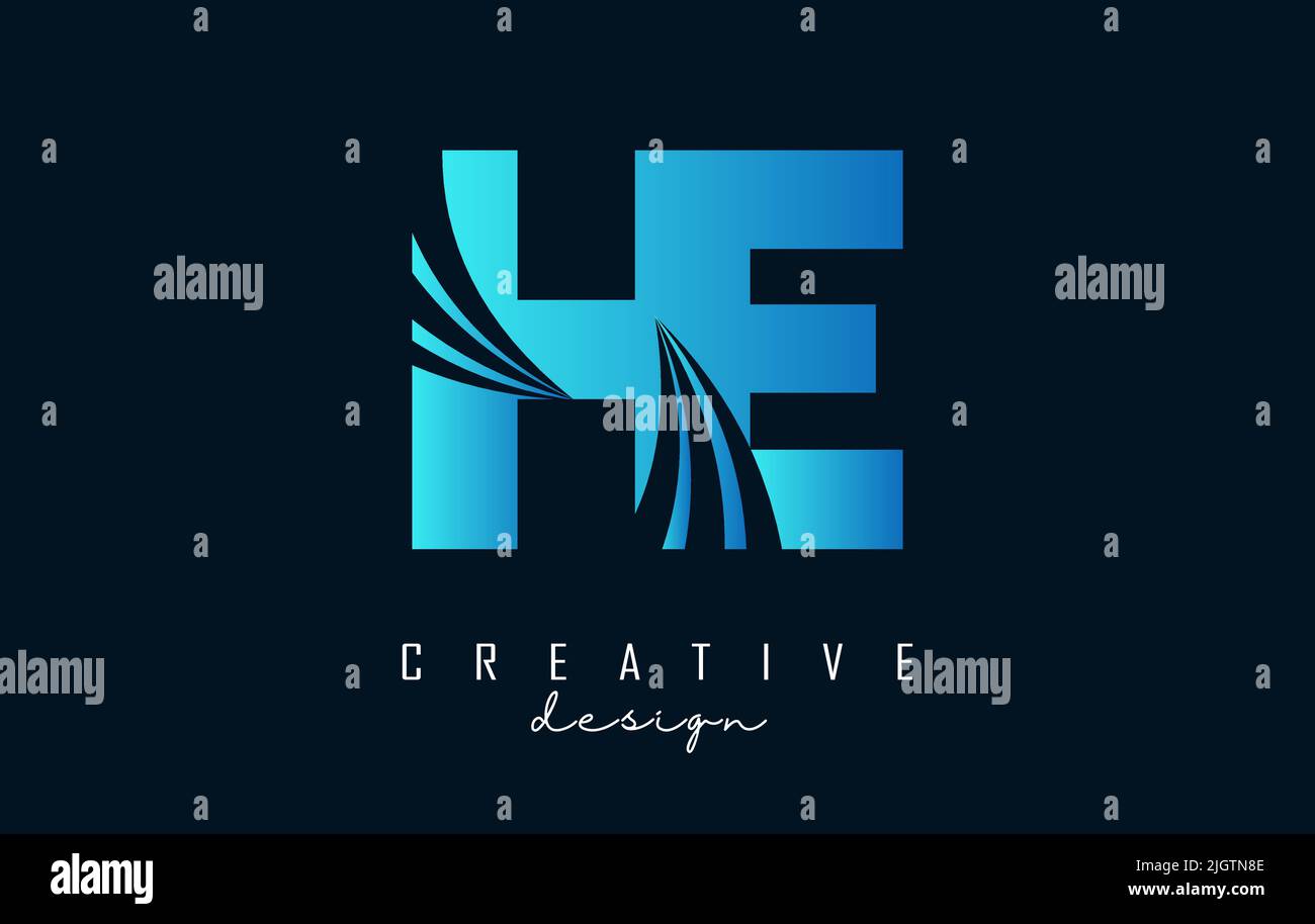 Creative blue letter HE h e logo with leading lines and road concept ...