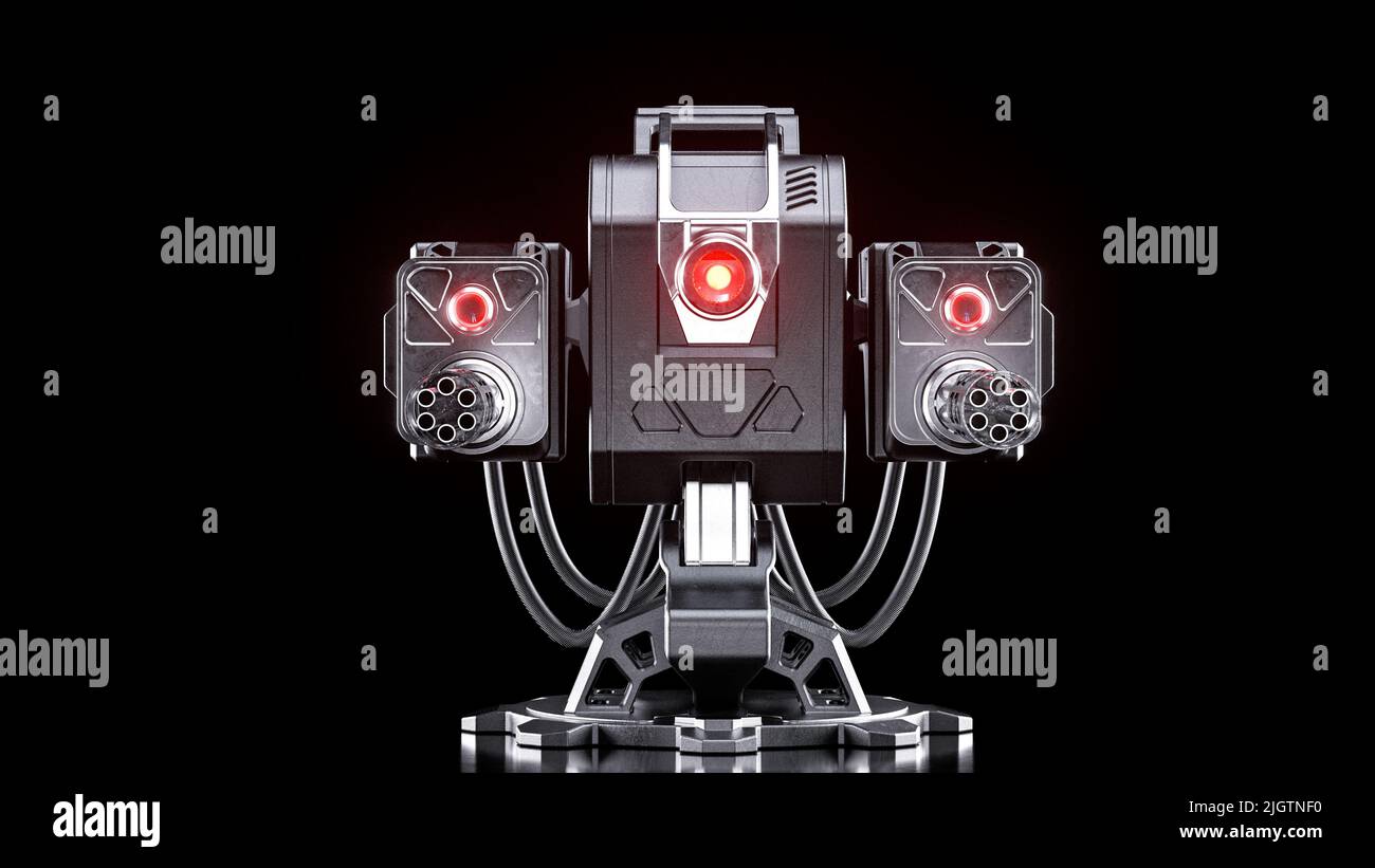 3D illustration of industrial sci fi futuristic military turret machine ...